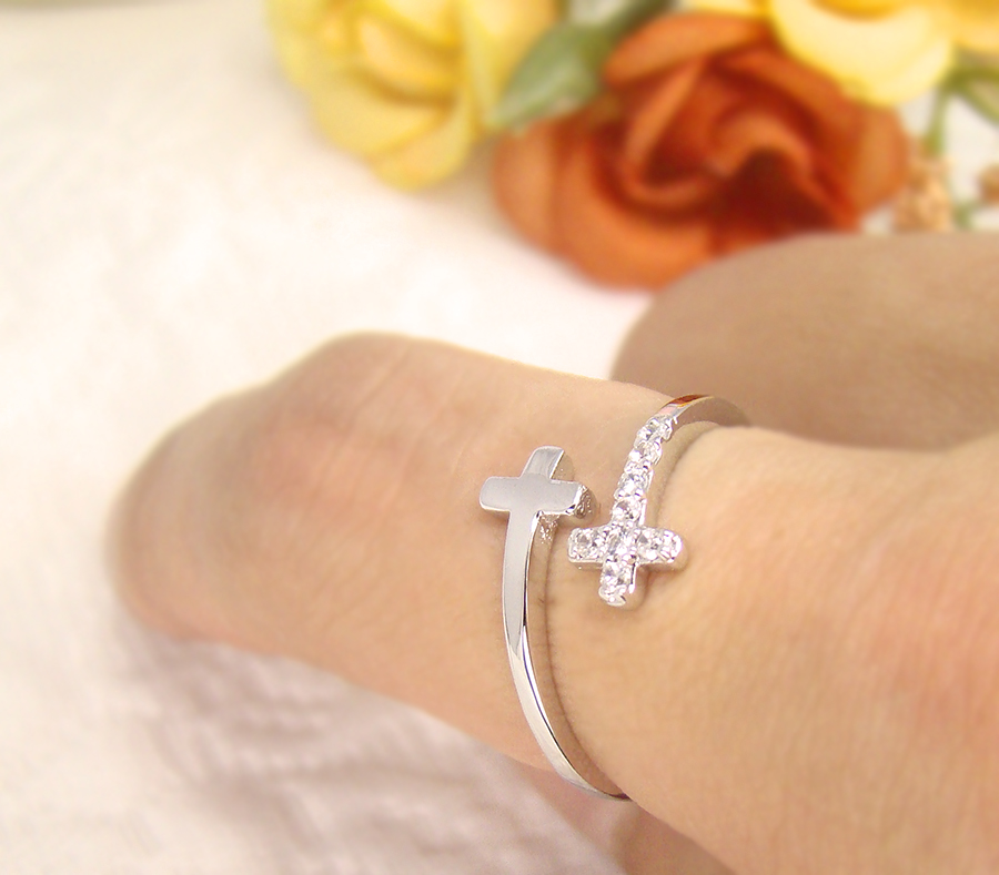 Women's Teen's Sideways Double Cross Ring With Crystal Silver Rhodium ...