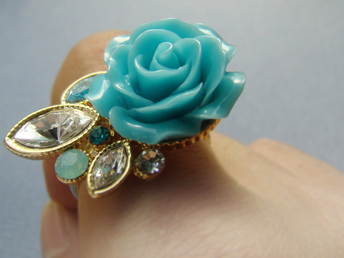 Women's Romantic Floral Blue Rose Ring Crystal Gold Plated Size ...