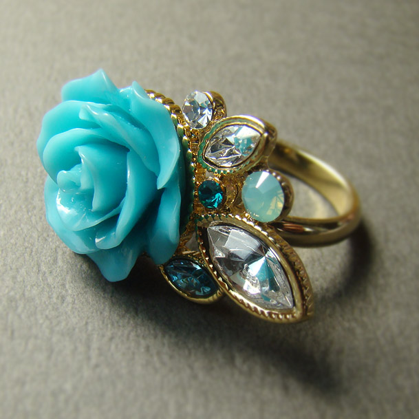 Women's Romantic Floral Blue Rose Ring Crystal Gold Plated Size ...
