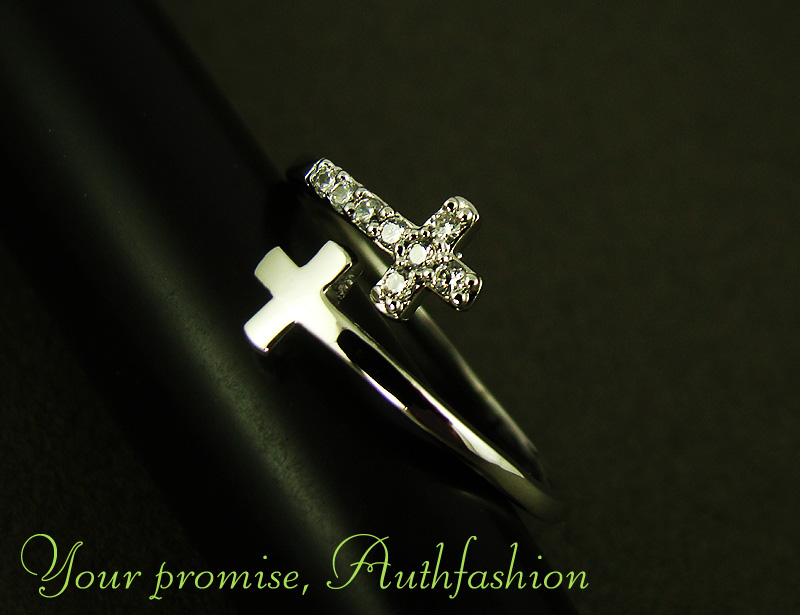 Women's Teen's Sideways Double Cross Ring With Crystal Silver Rhodium ...